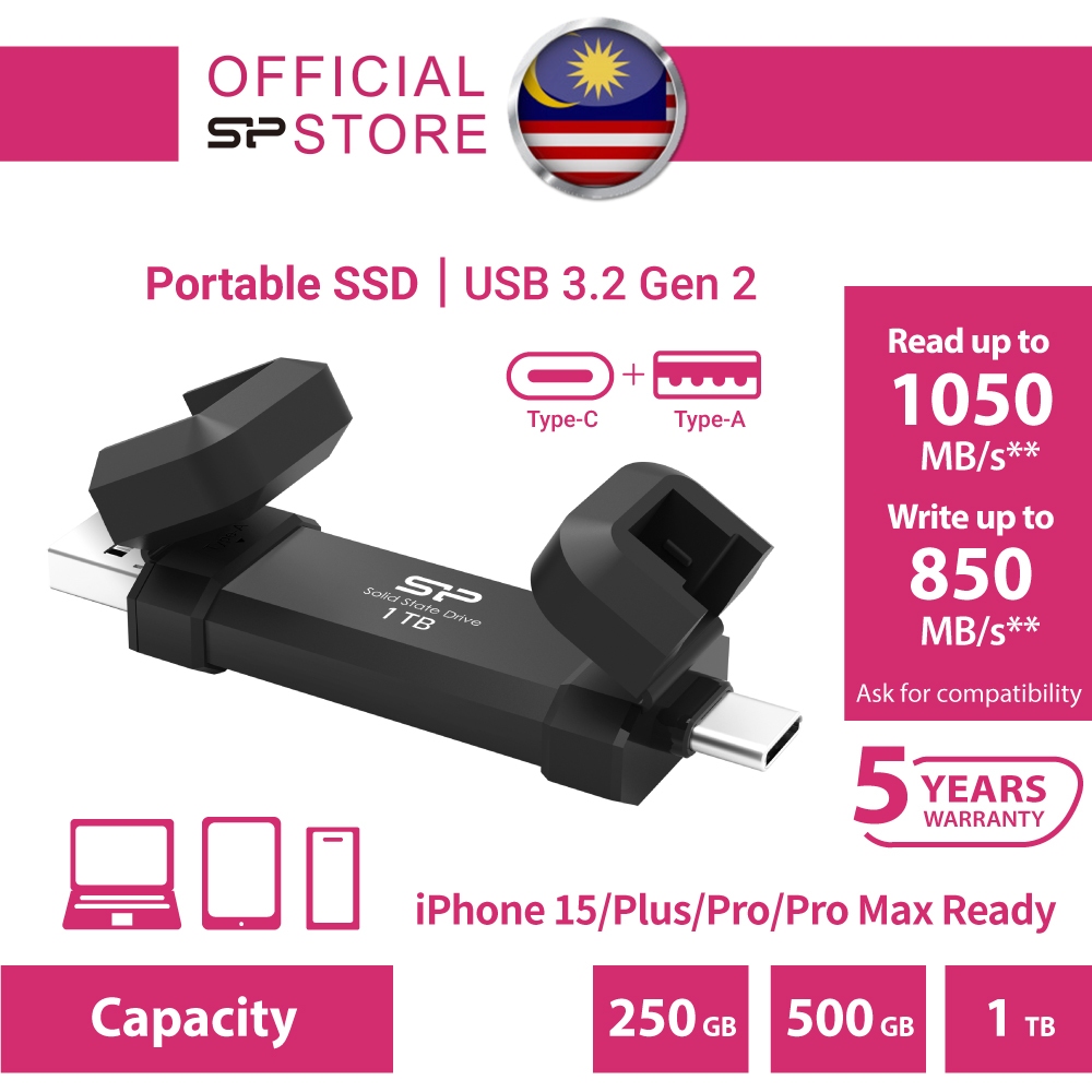 Silicon Power DS72 250GB/500GB/1TB/2TB DUAL USB Type-A and USB Type-C 3.2 Gen2 Portable External ...