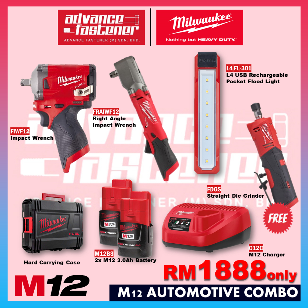 MILWAUKEE M12 AUTOMOTIVE COMBO ( FIWF12 Impact Wrench + FRAIWF12 Right ...