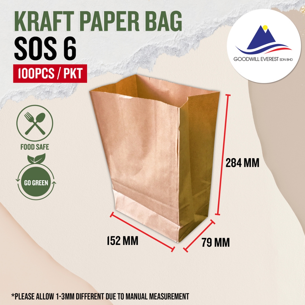 (100PCS) Brown Paper Bag SOS 6 / Kraft Paper Bag / Shopping Carry Paper ...