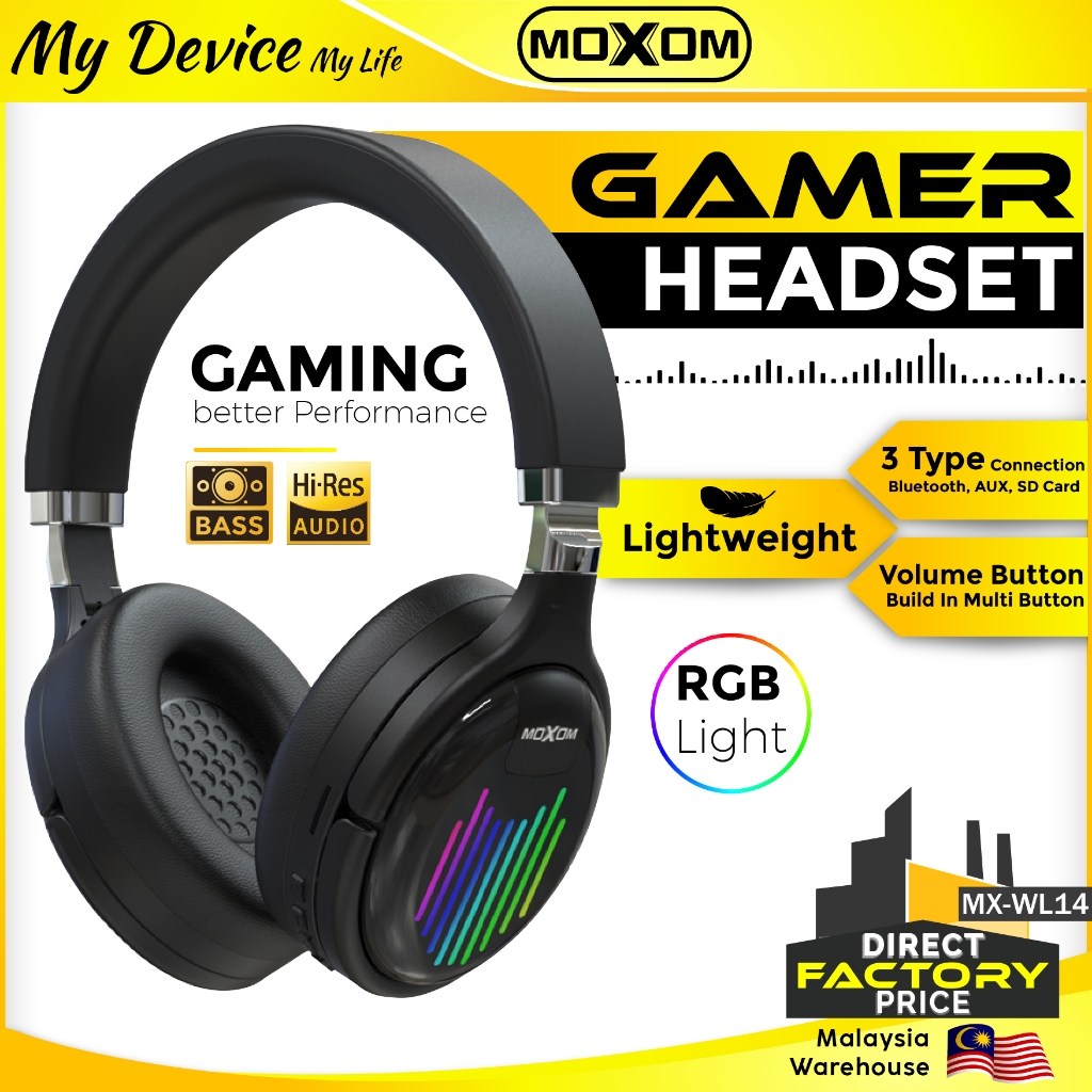 100% Original MOXOM MX-WL14 RGB Wireless Gaming Headset Bass with Mic ...
