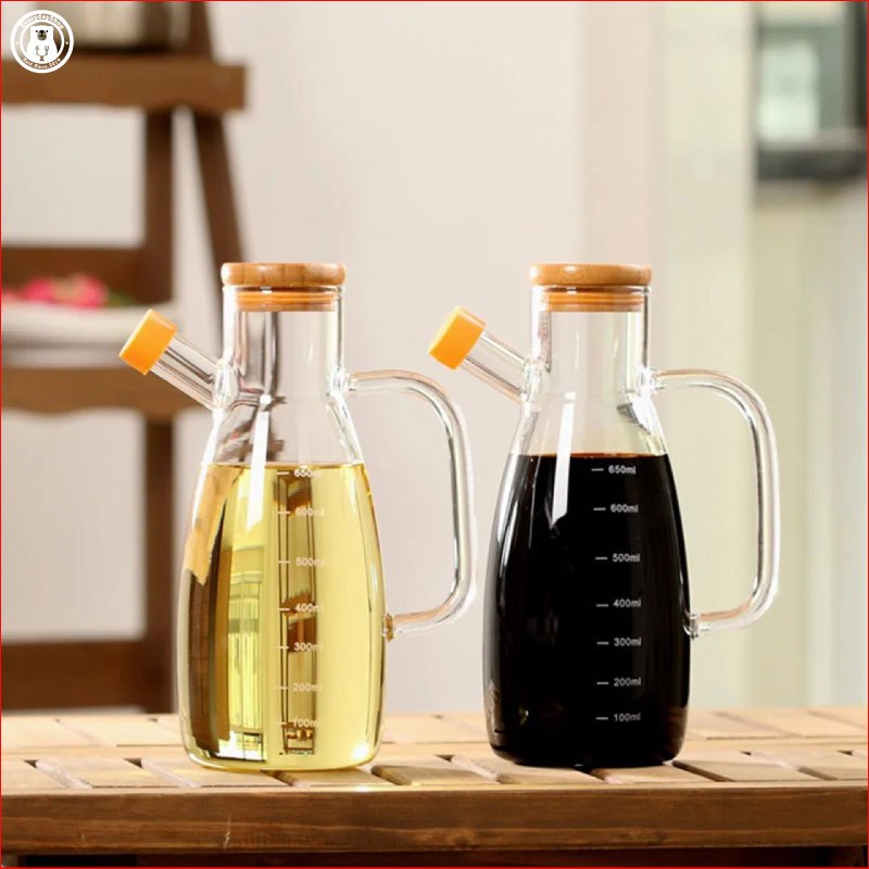 Glass Oil Jar Bottle Kitchen Canister Glass Bamboo Cover Dispenser ...