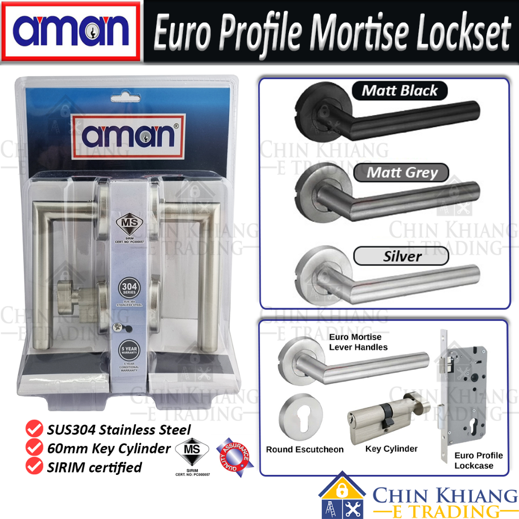 Aman 9221 Lever Handle Euro Mortise Lockset 60mm Full Set 9221SS Stainless Steel 9221MG Matt ...