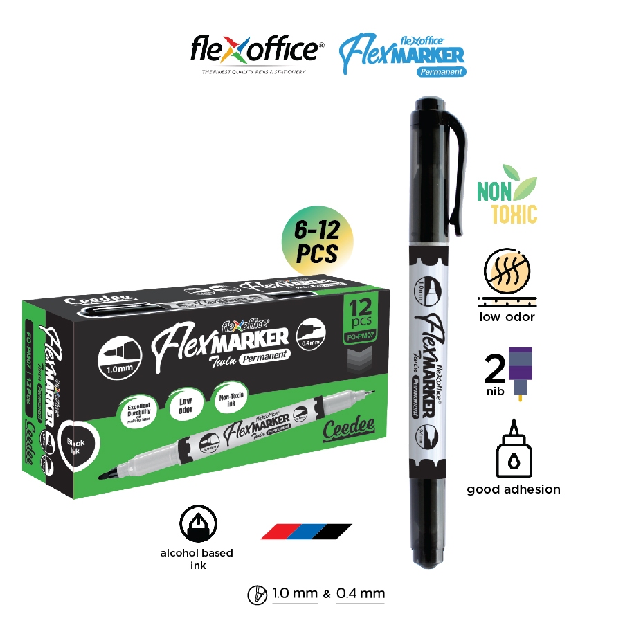 FlexOffice FlexMarker Permanent Marker Twin Tip - Blue/Black/Red (Box ...