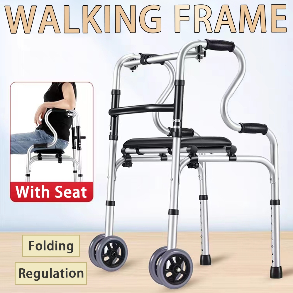 Folding Walking Frame with Seat Crutch Stick Adjustable for Elderly ...