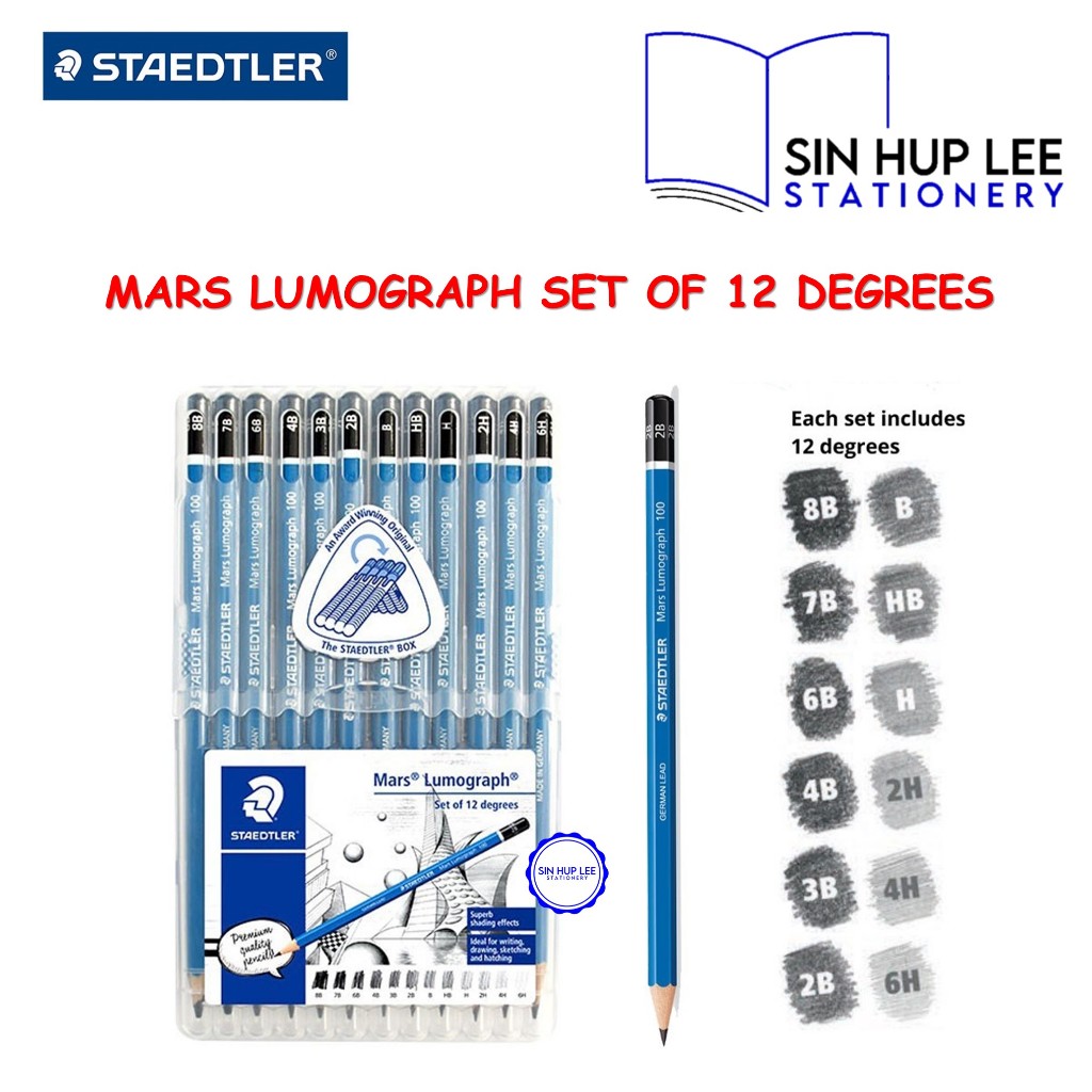 STAEDTLER Mars Lumograph Set of 12 Degrees Writing / Drawing Pencils with Casing 8B/7B/6B/4B/3B ...