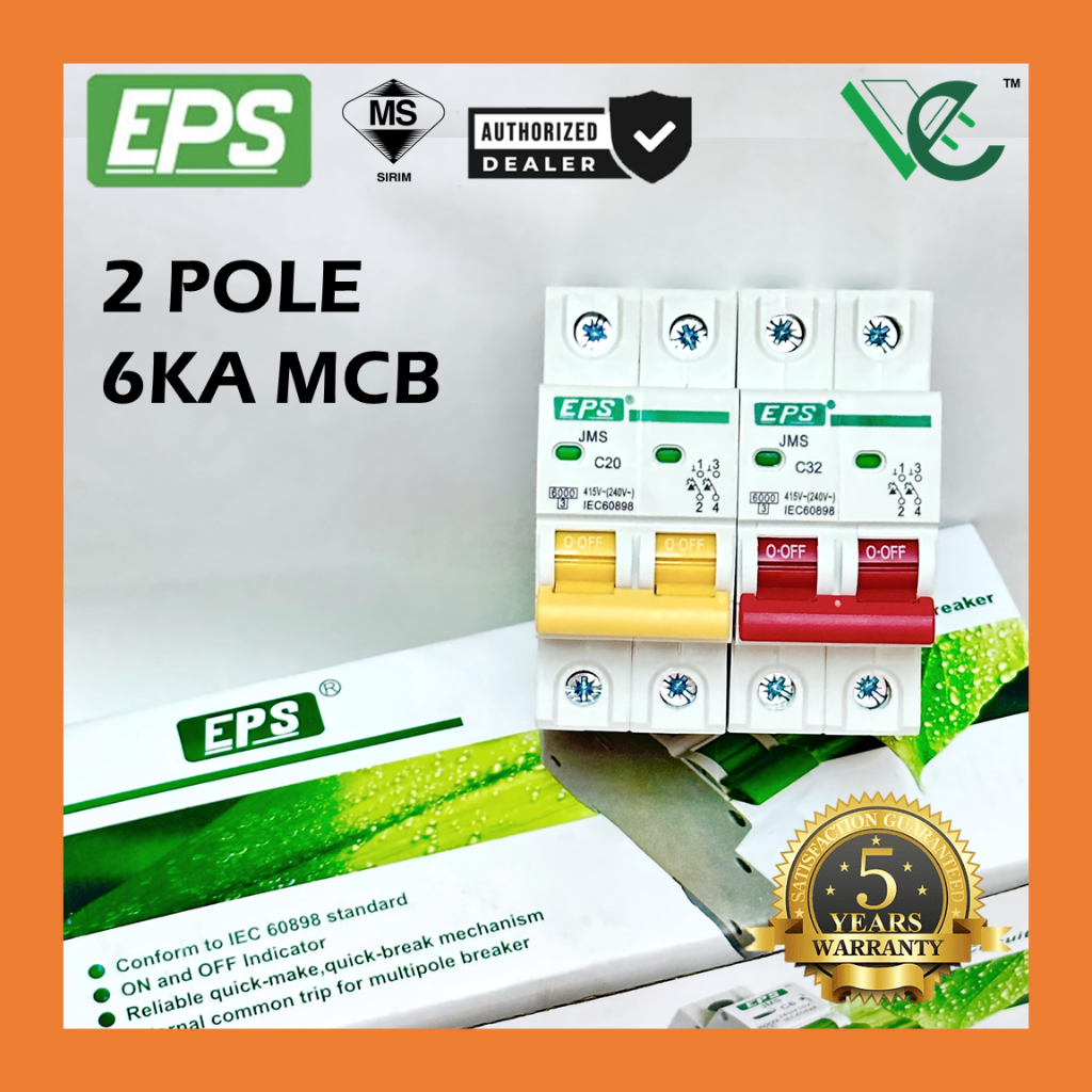 EPS 2 POLE MCB (6KA) 20A/ 32A/40A/63A MINIATURE CIRCUIT BREAKER (SIRIM ...