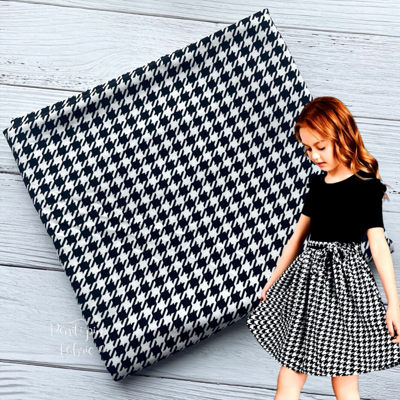 Kain cotton spandex fabric houndstooth abstract black white hitam putih ...