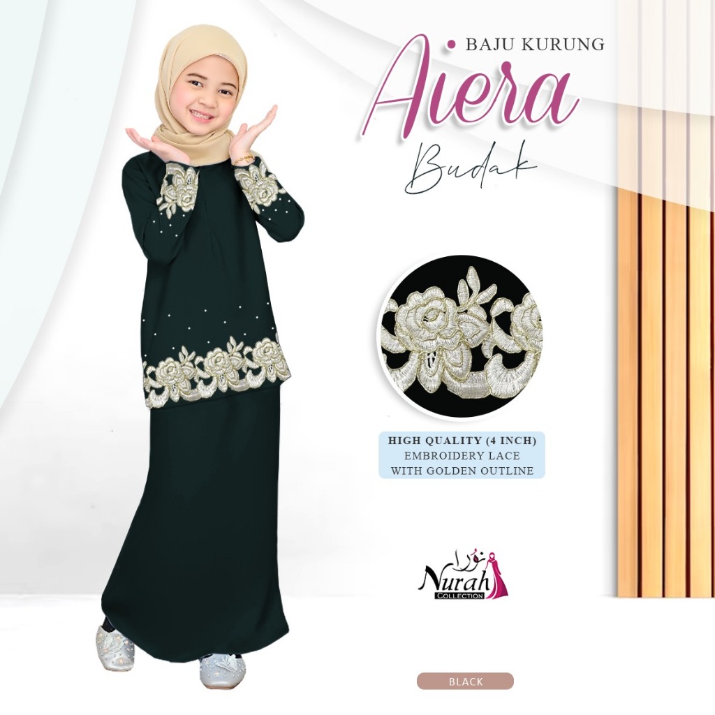 Stylish Baju Kurung Budak With Front Embroidery Gold Outline Lace ...