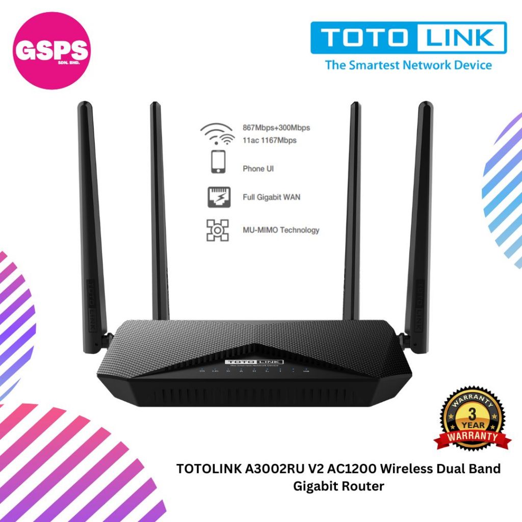 TOTOLINK A3002RU V2 AC1200 Wireless Dual Band Gigabit Router | Shopee ...