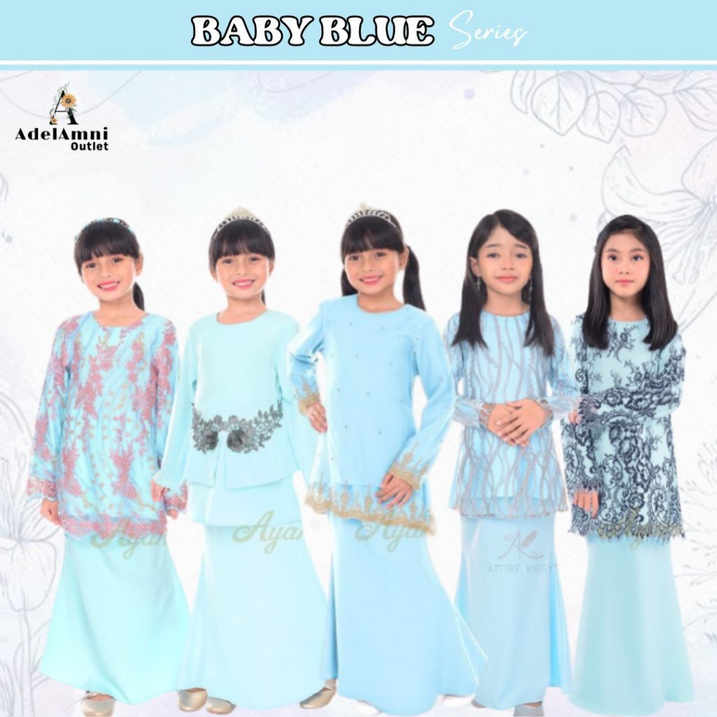 Tema Baby Blue Baju Kurung Budak Perempuan Kids Plain Lace Muslimah ...