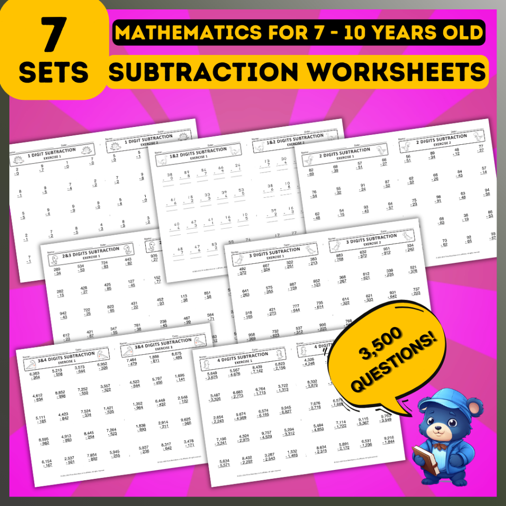 [7-IN-1 Bundle] Basic Subtraction Worksheets for Kids 7 to 10 Years Old ...