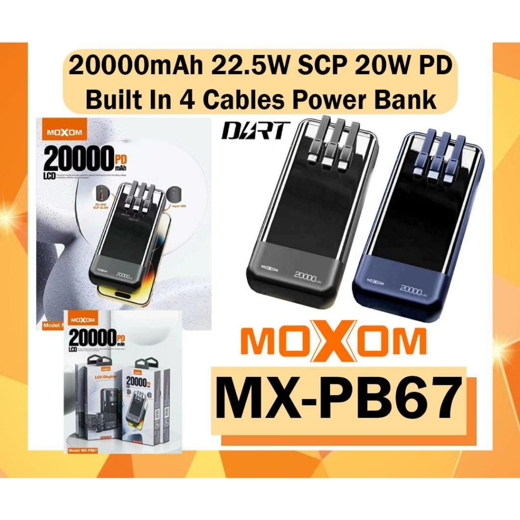 🔥 MOXOM MX-PB67🔥LCD PD20W 20K POWER BANK 📍 BULIT IN CABLE 📍 20000MAH 📍 20WPD + SCP22.5W 📍 LCD ...