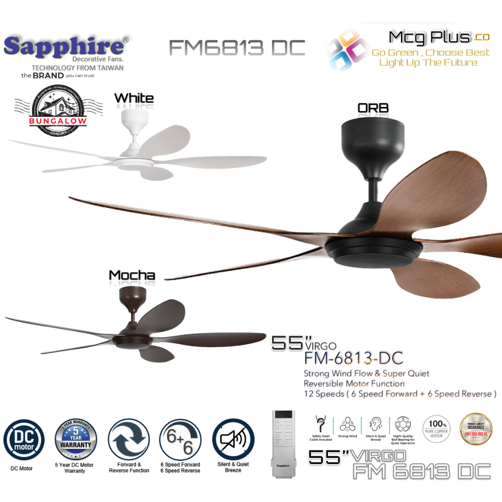Sapphire FM6813 Ceiling Fan 55” 1397mm DC Motor 6 Speed Forward + 6 ...