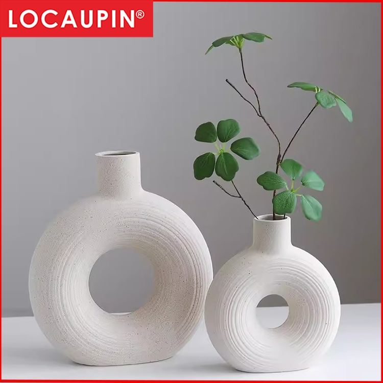 Locaupin White Ceramic Vase Modern Home Decor, Hollow Round Matte ...