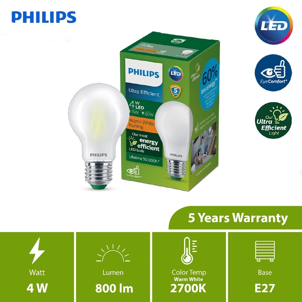 Philips Ultra Efficient LED A60 4W Bulb 2700K Warm White | Shopee Malaysia