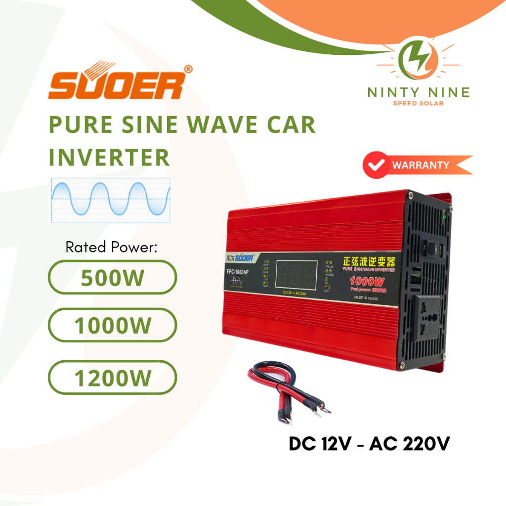 SUOER Pure Sine Wave Car Power Inverter DC 12V to AC 220V With USB LCD Display (500W / 1000W ...