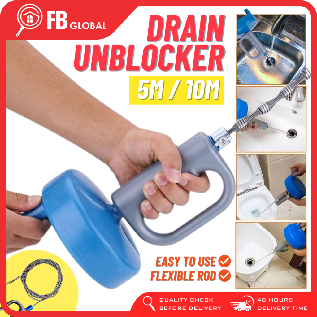 5M/10M Drain Unblocker Flexi Rod Drain Clog Remover Clog Gun Drain Rod ...
