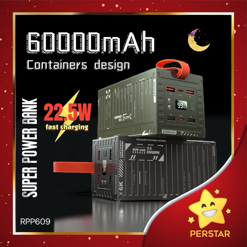 Remax RPP-609 Original Power Bank Outdoor Camping 60000mAh Fast Charging PD Quick Container 22 ...