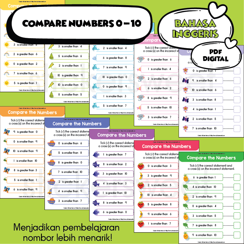 Bandingkan Nombor (Lebih Kecil/Lebih Besar) 💛0-10 💚0-20 Compare Numbers (PDF Softcopy) Sesuai ...