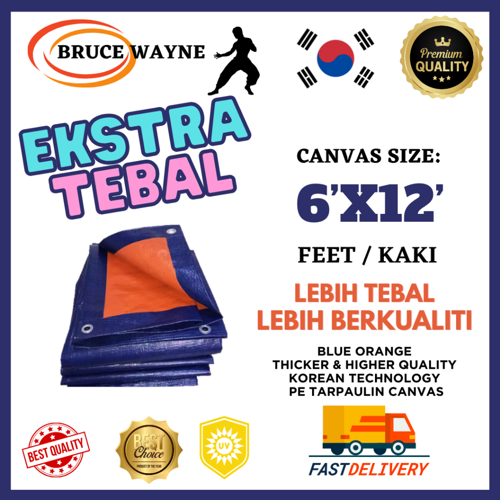 EKSTRA TEBAL 6X12 FT Blue Orange Waterproof Canvas Tarpaulin Sheet ...