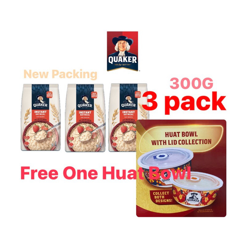 New Packing Quaker Instant Oatmeal 3x300g Red Pack Free One Huat Bowl ...
