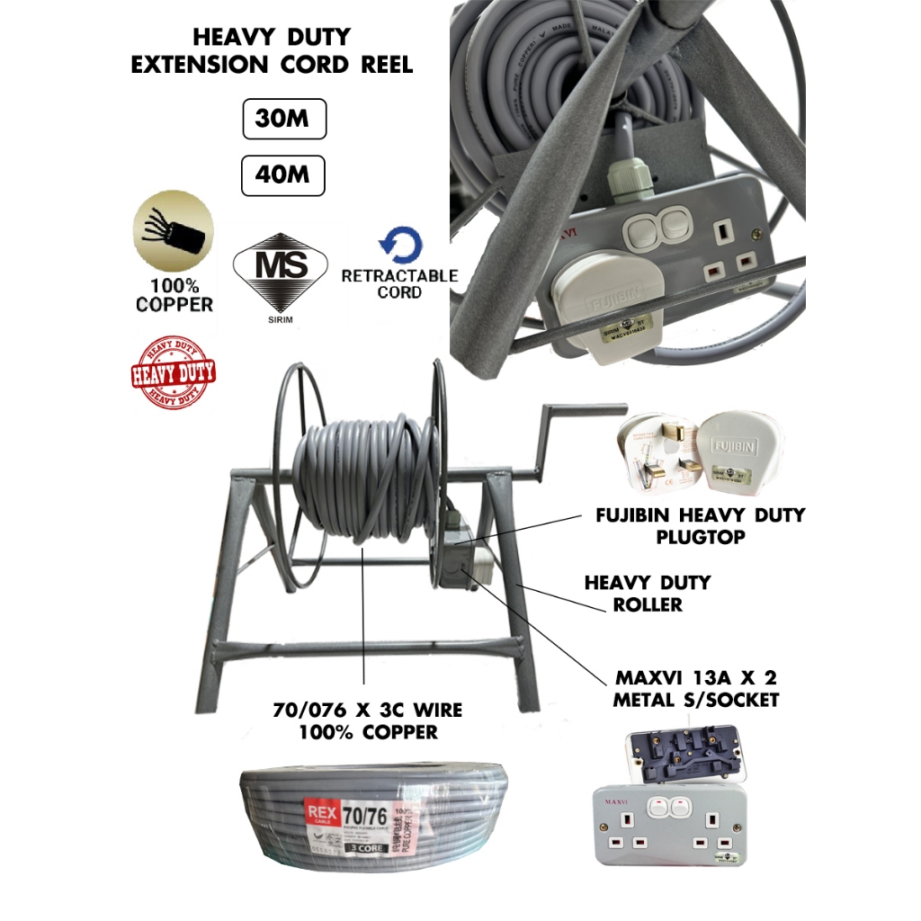 2 Gang 30 Meter / 40 Meter Portable Extension Cable Reel Plug Wire ...