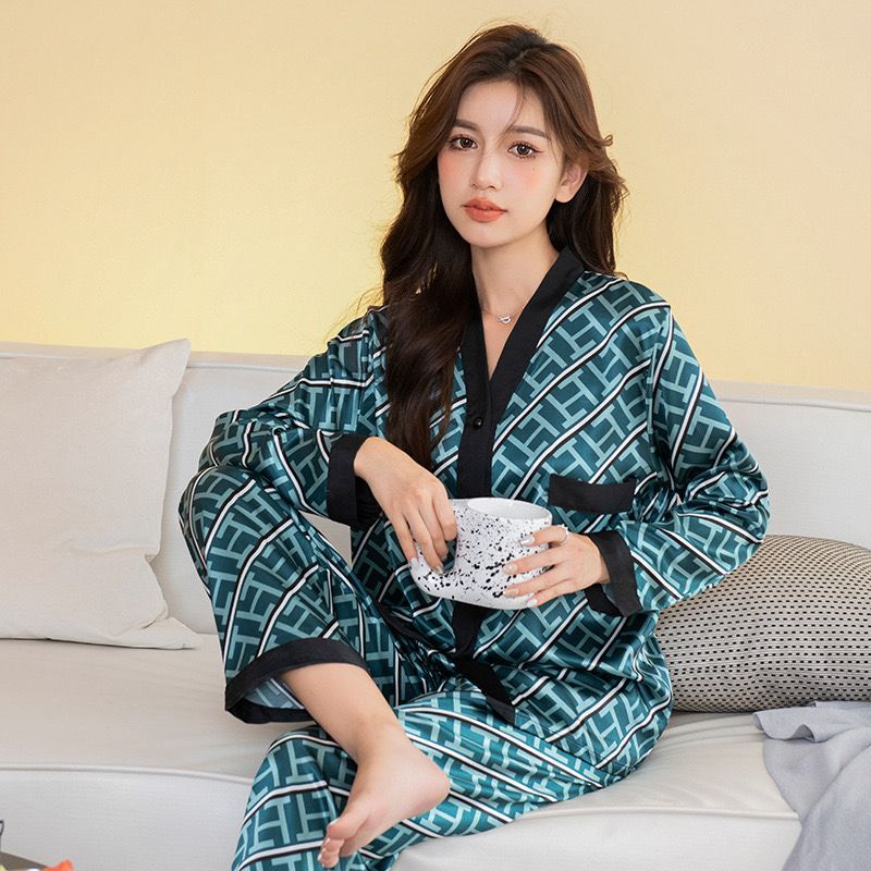 2 in 1 Set Korean Design Pyjamas Women Long Sleeve Silk Sleepwear ...