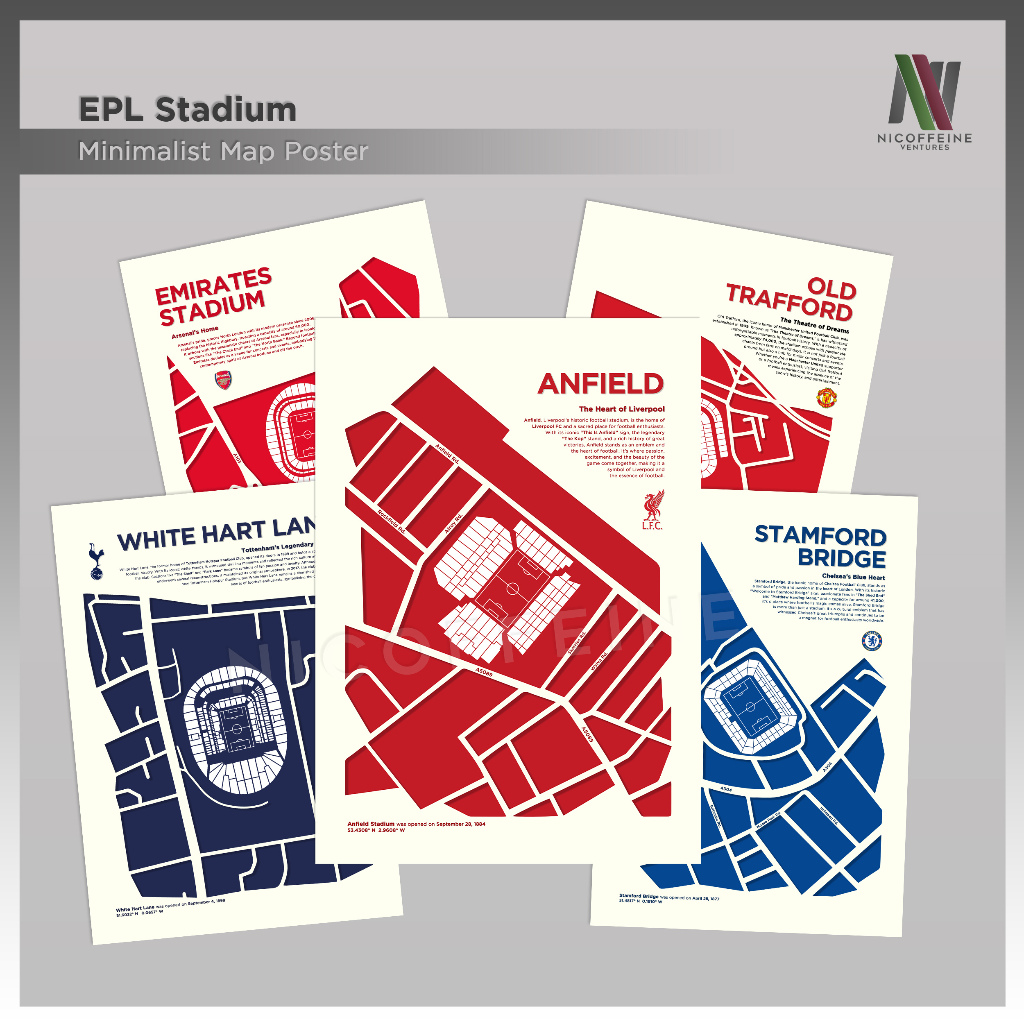 [Poster Only] EPL Stadium Plan Minimal Map Art Manchester MU Liverpool Chelsea Arsenal Large ...