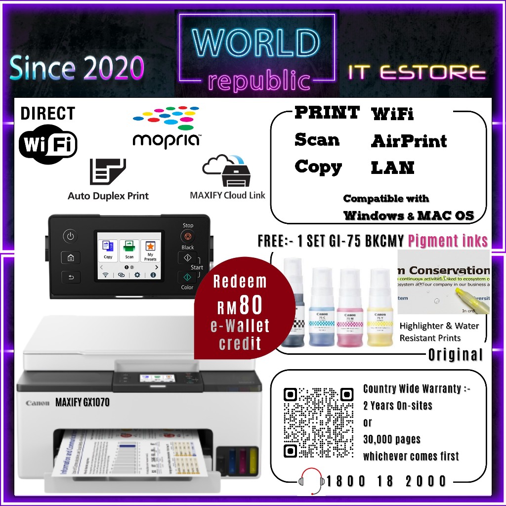 Canon MAXIFY Wireless GX1070 Printer - Print Scan Copy WiFi - GI-75 BK ...