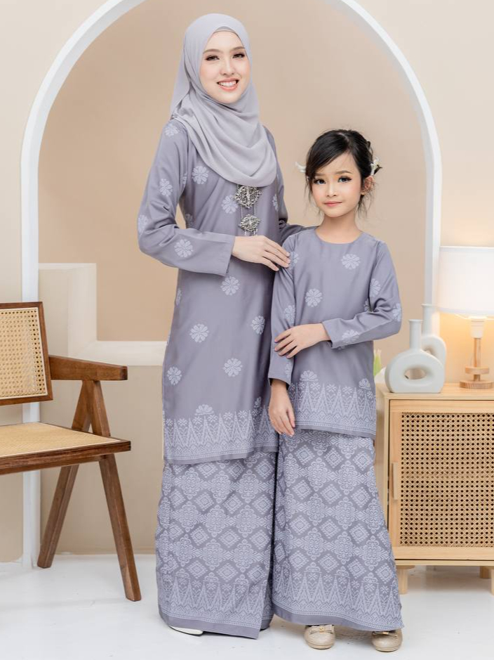 Baju Kurung Moden 「 Warna Grey」 Songket Bunga Tabur Printed Set Ibu Dan ...