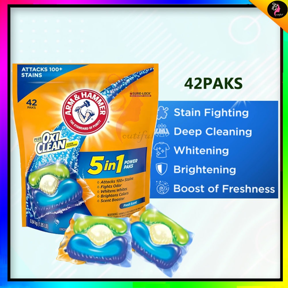 ARM & HAMMER Plus OxiClean 5-in-1 Liquid Laundry Detergent Power Paks 42 count/Detergent Capsule ...