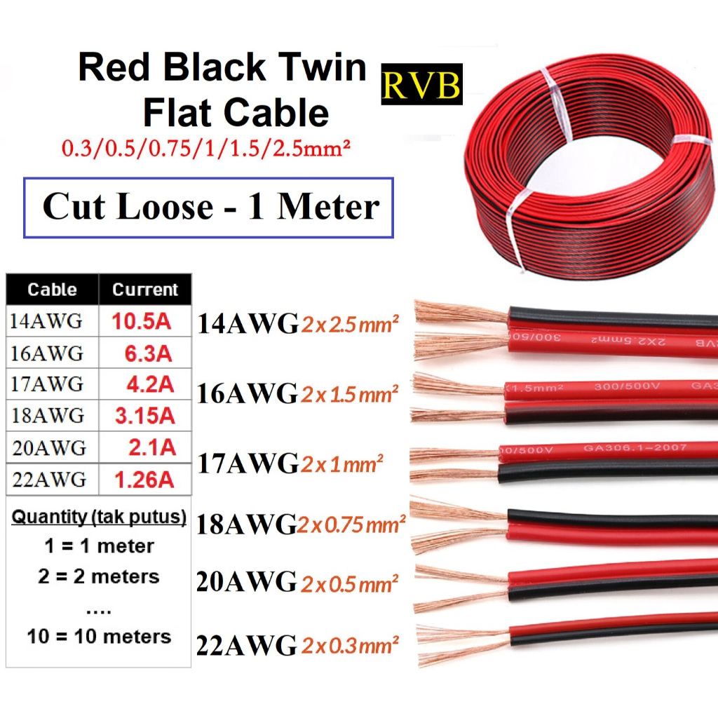 [1 Meter] Red Black Twin Flat Cable 22AWG 20AWG 18AWG 17AWG 16AWG 14AWG Kabel Wayar Wire Power ...