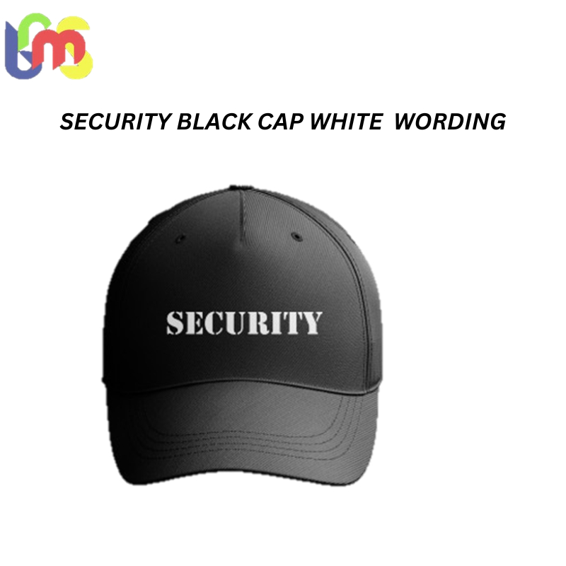 Topi security guard -polyester cap - black cap with white wording ...