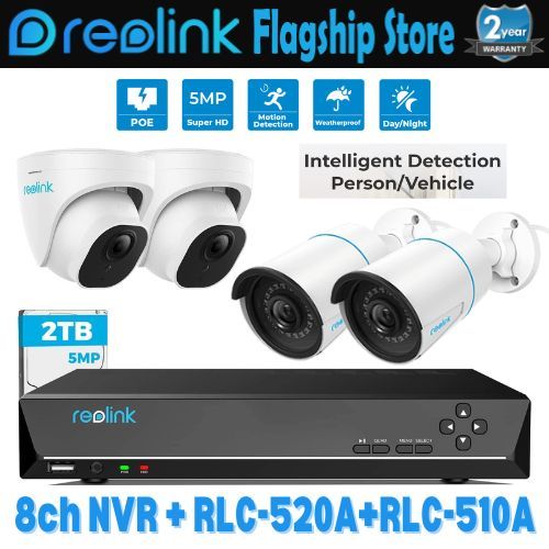 Reolink 8ch PoE NVR Camera System Bullet Outdoor HD Video Surveillance RLC-520A + RLC-510A ...