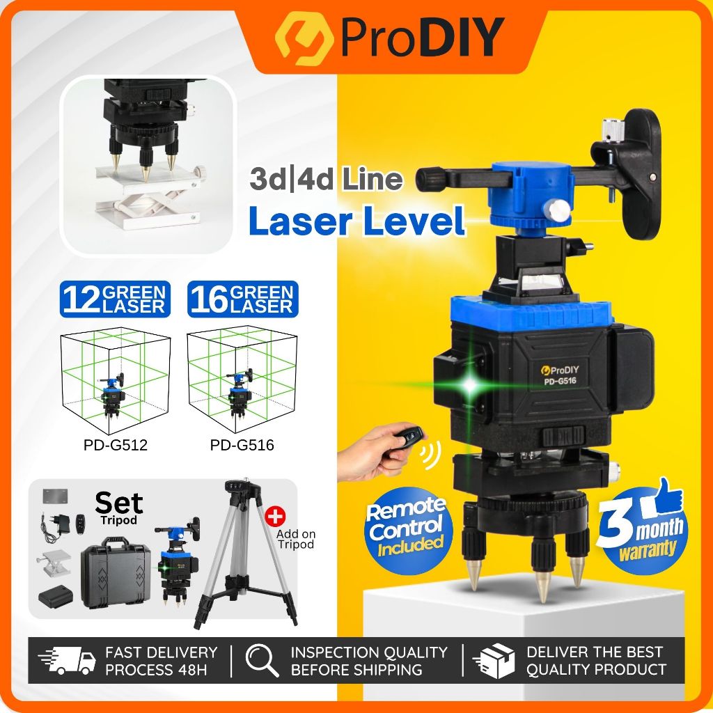 PRODIY 12 Line 16 Line 3D 4D Laser Level 360° Remote Control Line Laser ...