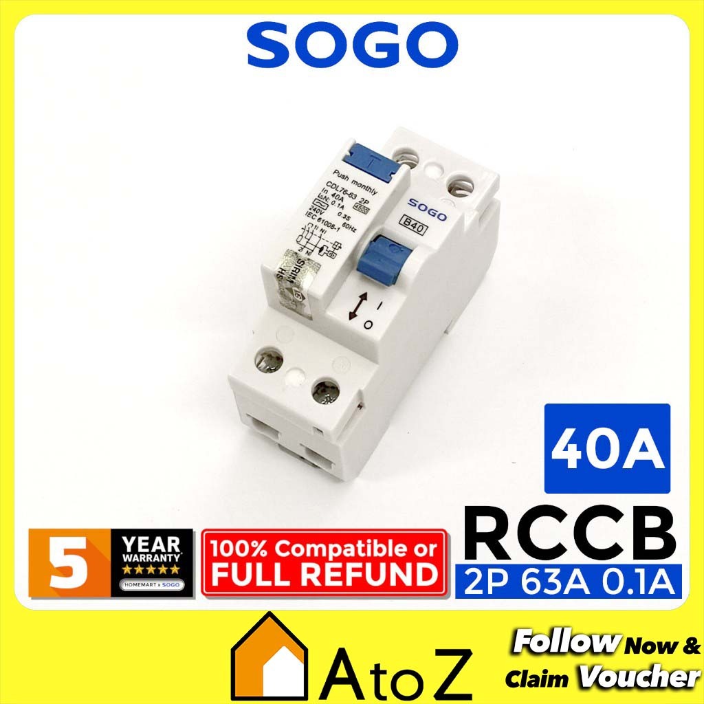 【Approved】 SOGO RCCB 40A ELCB Residual Current Circuit Breaker 2 Pole RCCB 100mA 40A微型断路器 ...