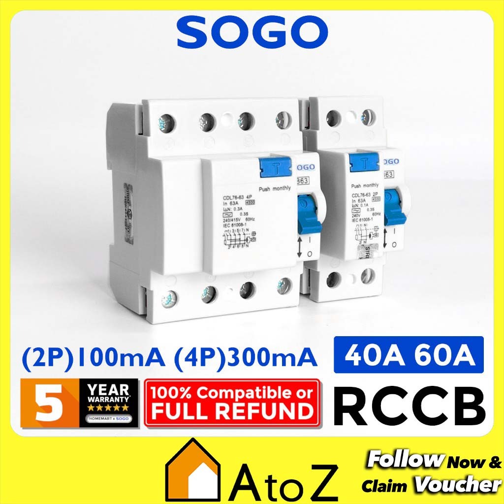 SOGO RCCB 40A RCCB 63A Residual Current Circuit Breaker ELCB 2 Pole 4 ...