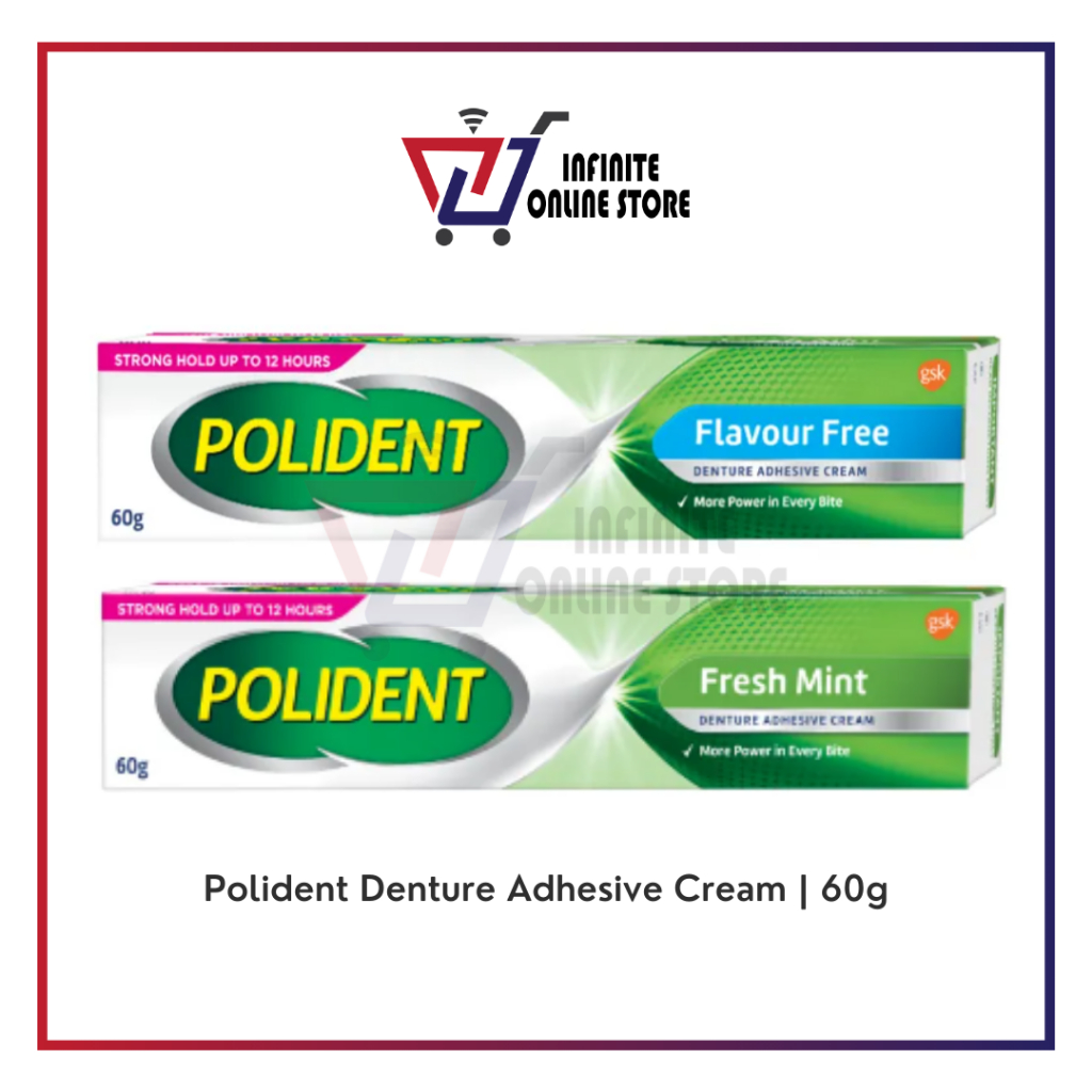 POLIDENT Denture Adhesive Cream 12 Hour Strong Hold (60g) (Flavour Free ...