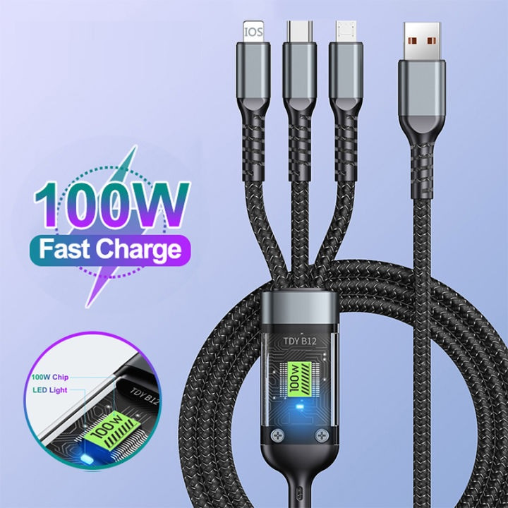100w 3 in 1 Cable Fast Charging USB Data Cable With LED Indicator For ...