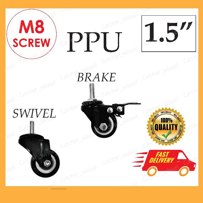 1 1/2" (40MM) HEAVY DUTY BLACK PU SCREW STEM (M8) CASTOR/CASTER TROLLEY ...