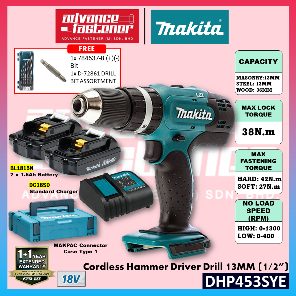 MAKITA DHP453 / DHP453Z / DHP453SYE 18V Cordless Hammer Driver Drill ...