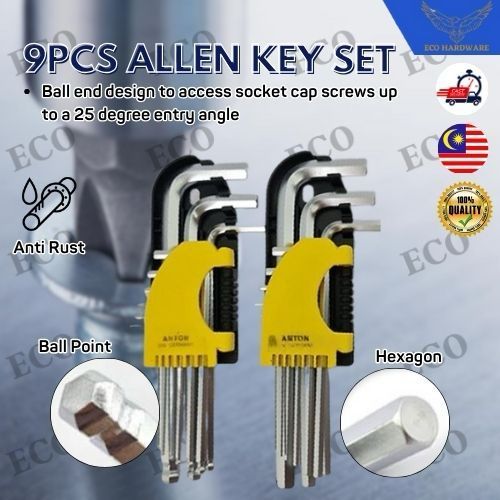 ANTON Heavy Duty CRV 9pcs Hex Allen Key Wrench Set Ball Point Flat Head ...