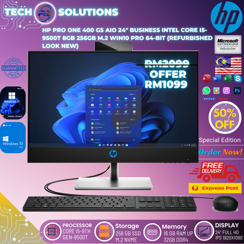 Komputer Riba Bajet di Malaysia HP Pro One 400 G5 AIO 24"Business Intel Core i5-9500T 8GB 256GB ...