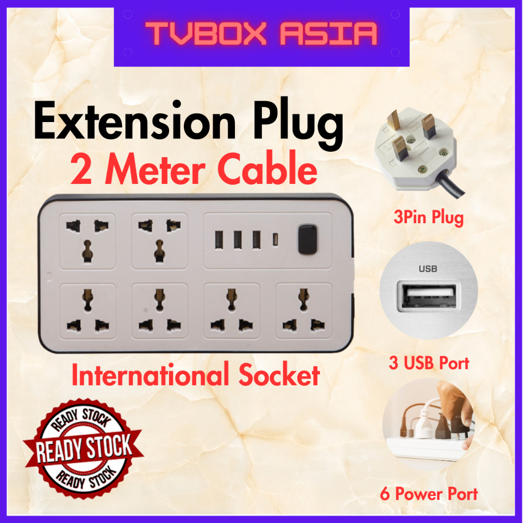 🔥READY STOCK🔥Universal 6 Power Socket Extension With 3 USB Ports 【3PIN ...