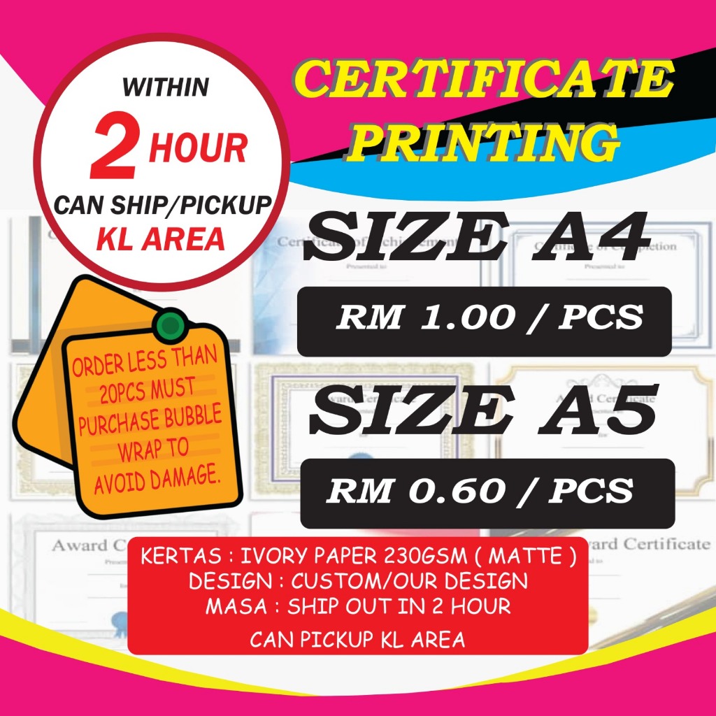 [KL 2Hours Ship Out / Pickup] Certificate Printing A4 & A5 / Sijil A4 & A5 | Shopee Malaysia