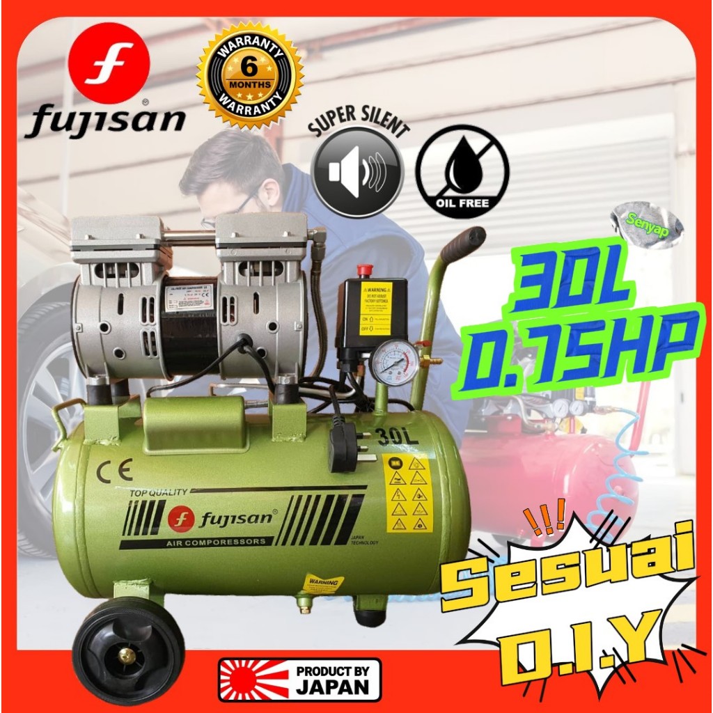 FUJISAN JAPAN 0.75HP 30L Oiless Silent Air Compressor Mesin Angin Pump ...