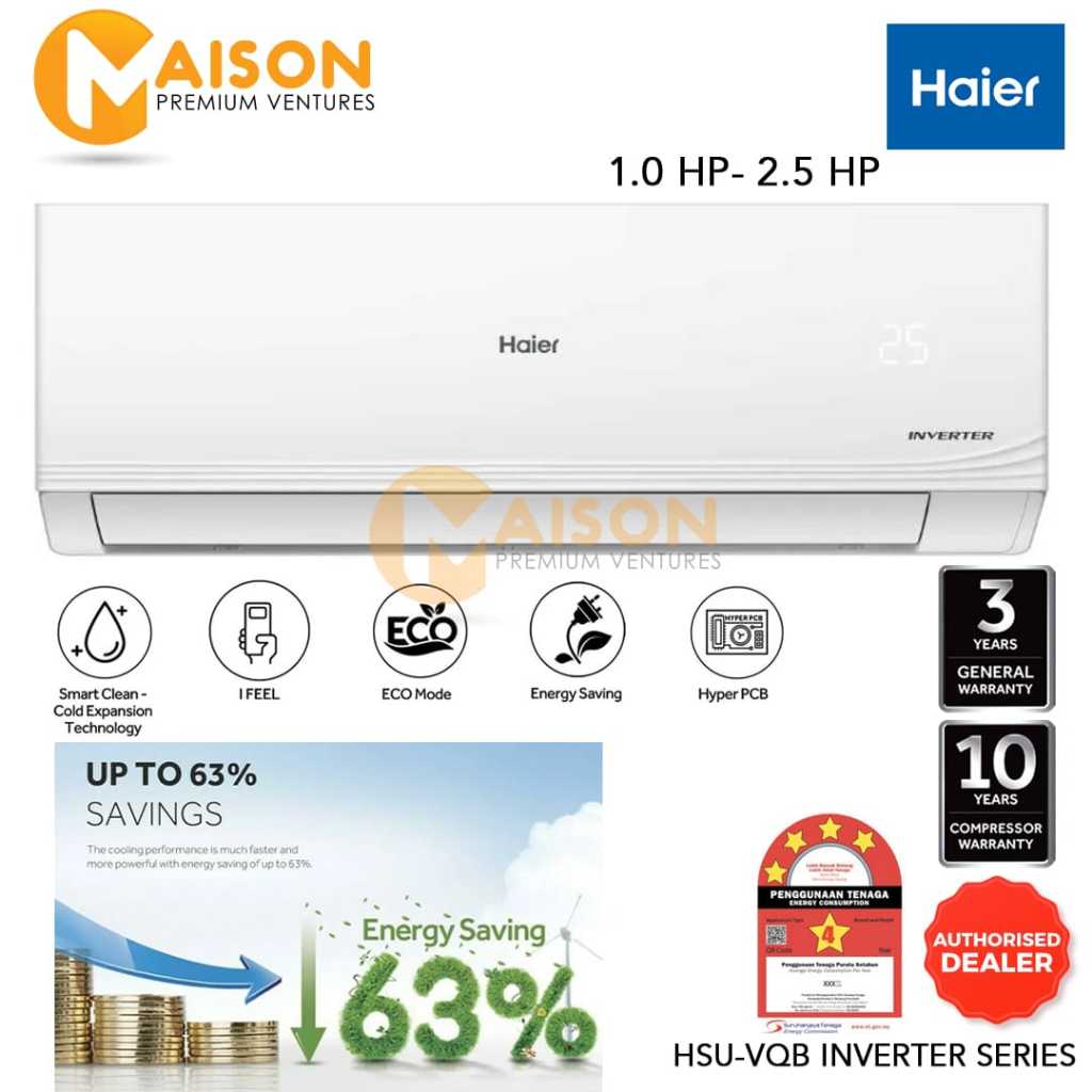 Haier 1HP, 1.5HP , 2HP& 2.5HP R32 Smart Clean Inverter Air Conditioner (HSU-10VQA22/HSU-10VQB22 ...
