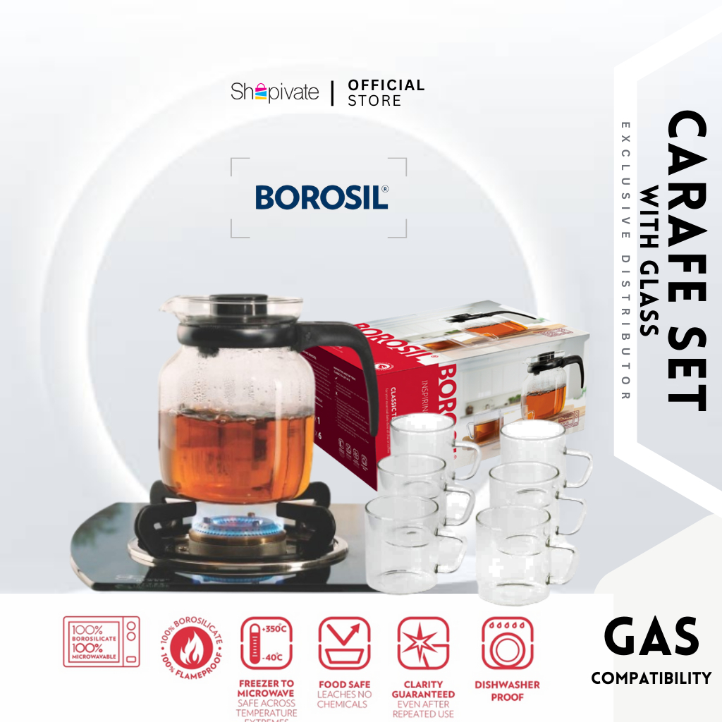 Borosil Classic Glassware Tempered Glass Tea Set 1.0L with 6 Cups 190ml ...