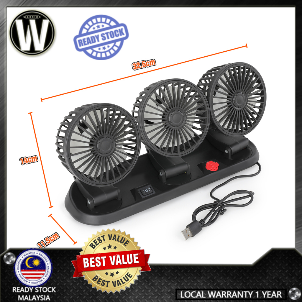 WARRIOR`🧤Car Fan 360° Adjustable 3 Head Air Fan Automotive Electric Fan ...