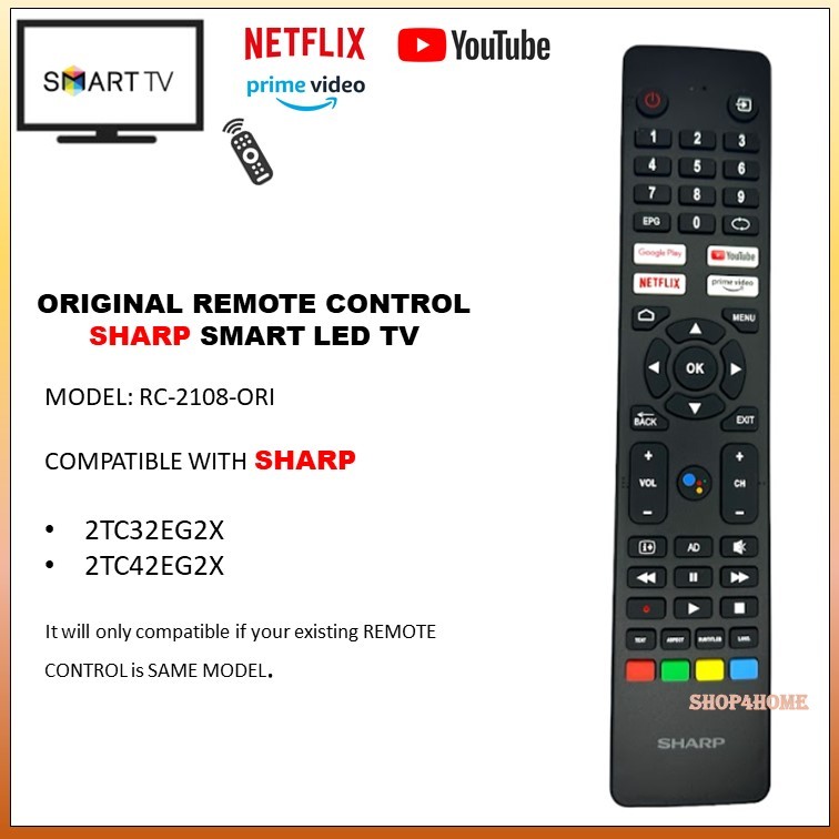 **ORIGINAL REMOTE** SHARP SMART TV ANDROID TV LED TV 2TC32EG2X ...